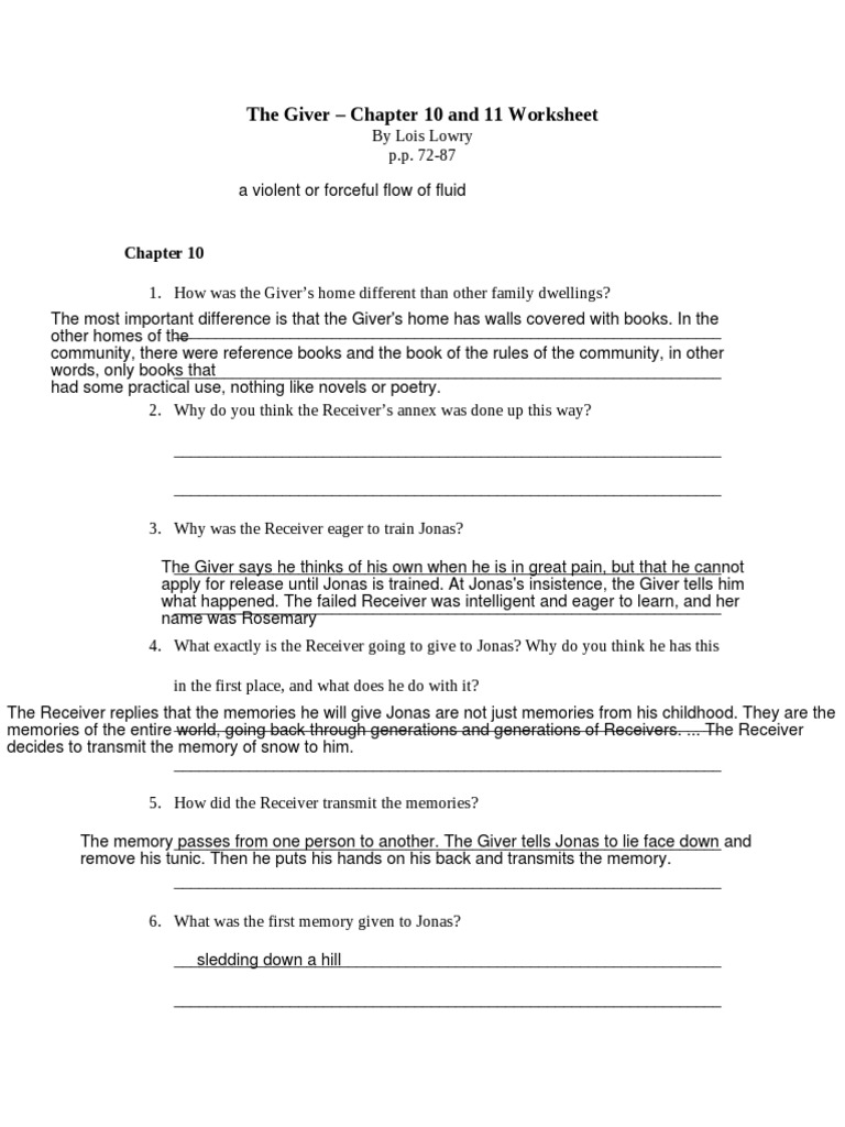 The Giver Worksheet - Ch. 10-11 | PDF | The Giver
