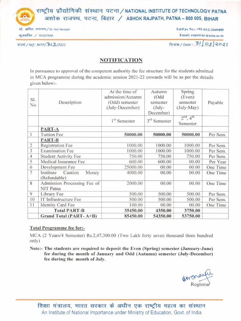 MCA Fee Structure 21-22 Regular | PDF