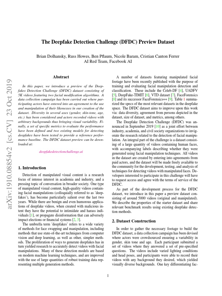 The Deepfake Detection Challenge (DFDC) Preview Dataset | PDF | Video
