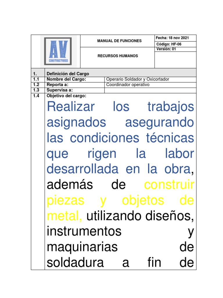 Manual de Funciones Operario | PDF | Seguridad y salud ocupacional ...