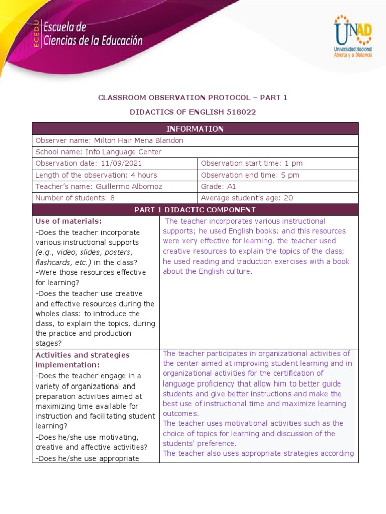 Anexo 4 - Classroom Observation Protocol - Part 1 Class 2 | PDF ...