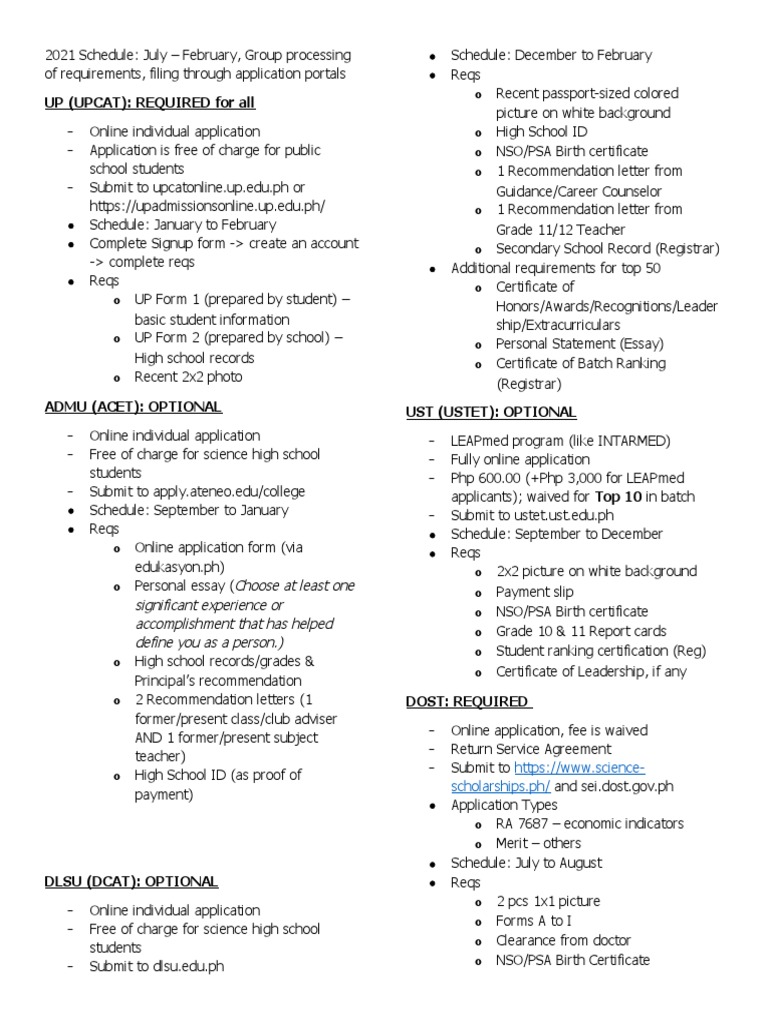 2021 College Application Schedules & Requirements | PDF