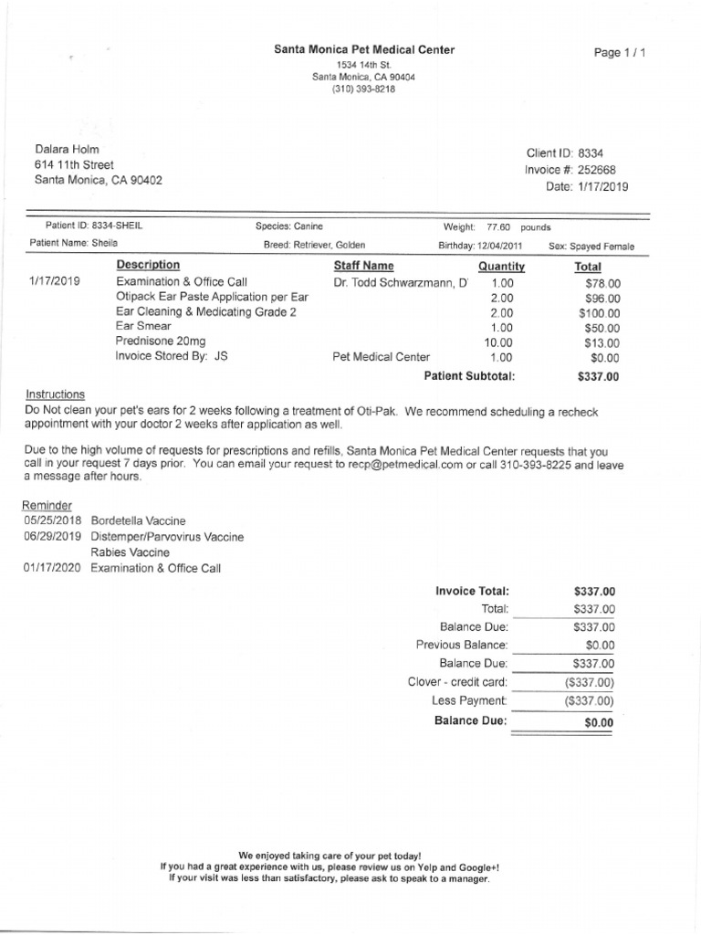 Sheila Vet Invoice 01-2019 | PDF