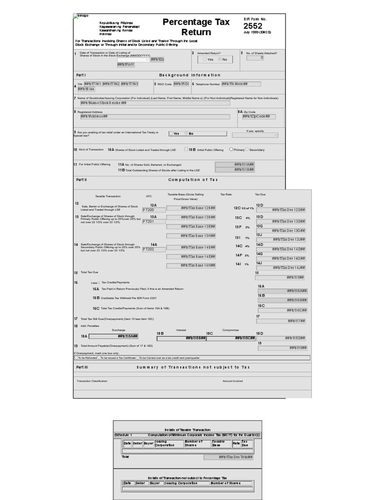 Percentage Tax Return: BIR Form No | PDF | Stocks | Financial Transaction