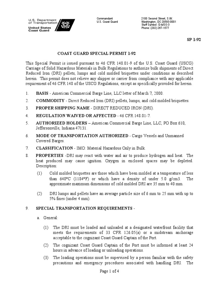 Appendix 1-US 46 CFR - Special Permit | PDF | Physical Sciences | Chemistry