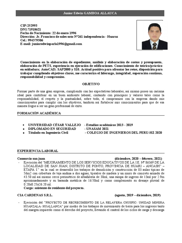 Curriculum Oficial Junior Gamboa Allauca 2021 | PDF | Economias ...