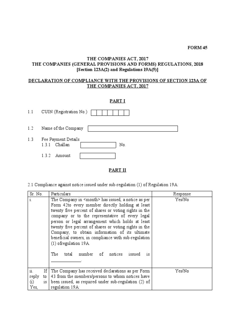 FORM 45 Declaration of Compliance With The Provisions of Section 123A ...