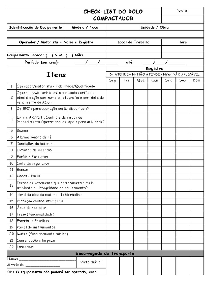 Check List Do Rolo Compactador | PDF