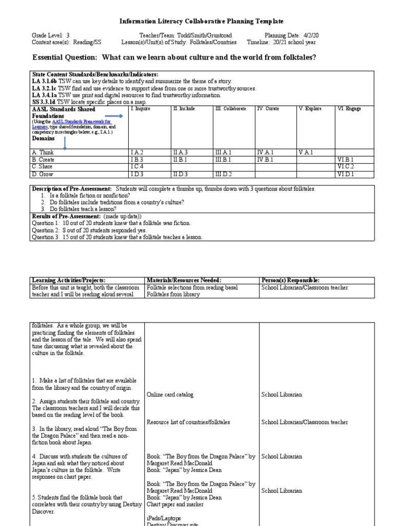 Information Literacy Collaborative Planning Template | PDF | Teachers ...