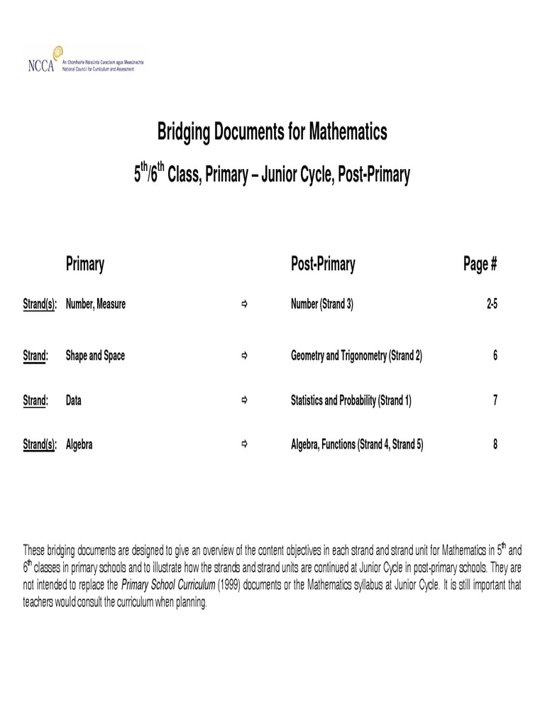 Bridging Documents For Mathematics: 5 /6 Class, Primary - Junior Cycle ...