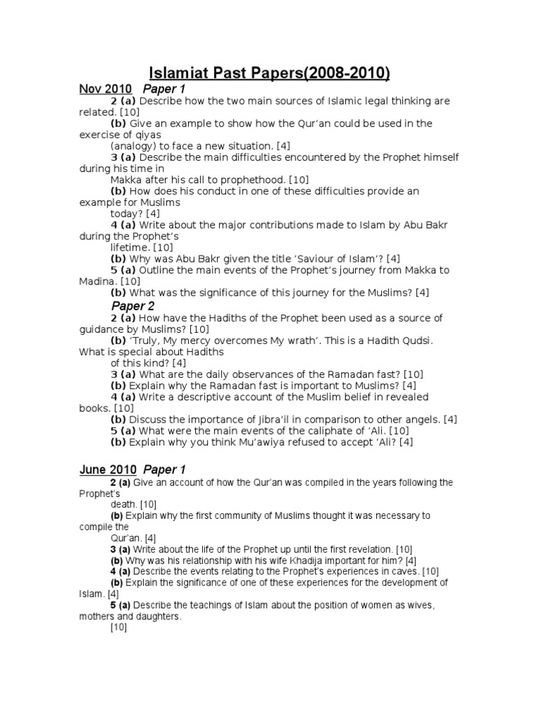 Olevel Islamiat Past Papers Qs | PDF | Hadith | Ali