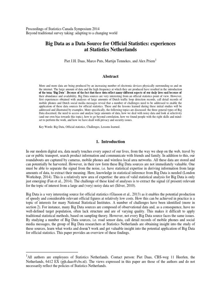 Big Data As A Source For Official Statistics - Piet J.H. Daas, Marco ...