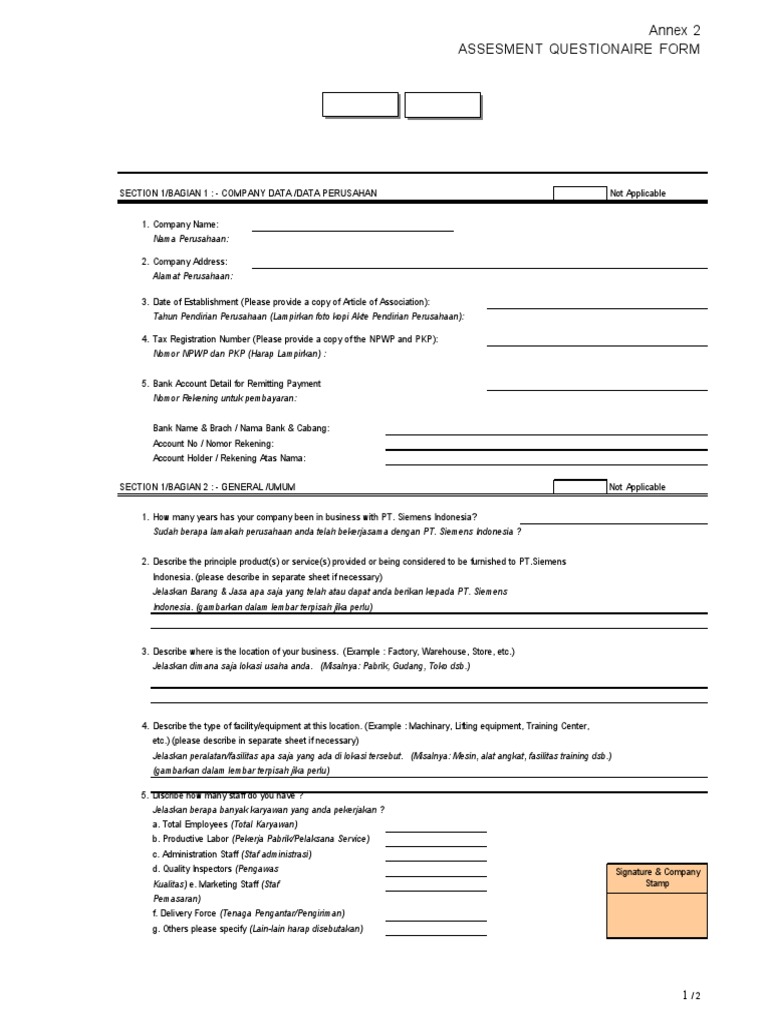 Annex 2 - Supplier Assesment Questionaire Form-R11 | PDF