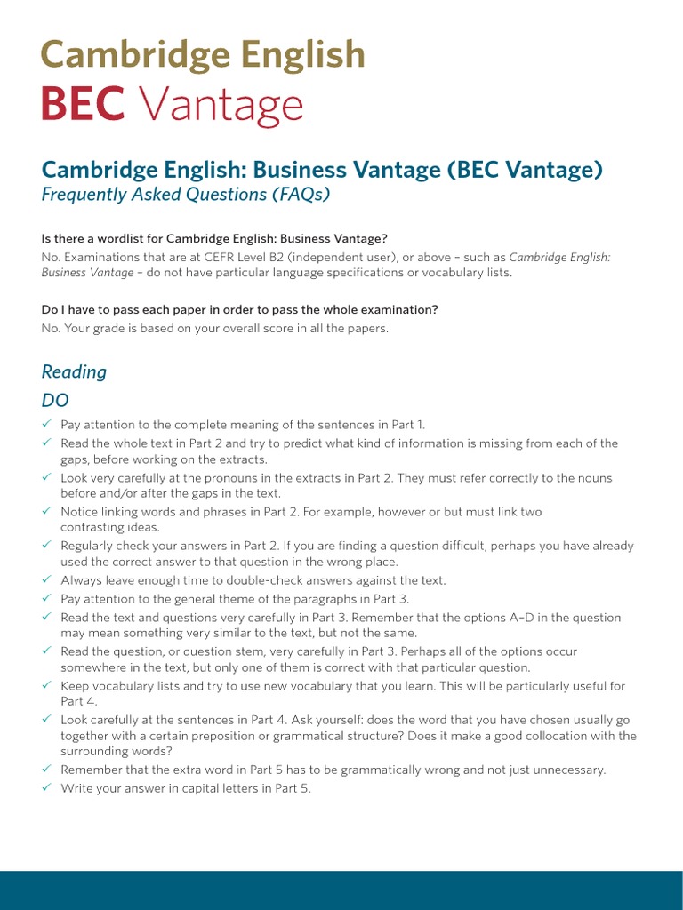 Cambridge English: Business Vantage (Bec Vantage) : Frequently Asked ...