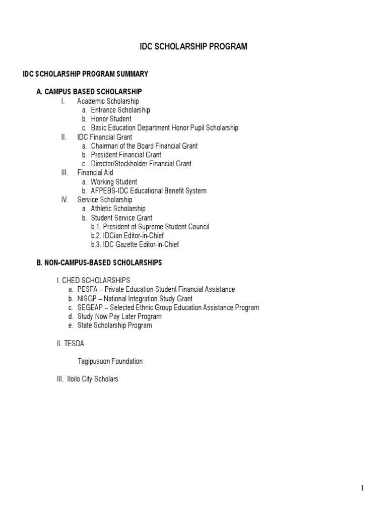 Idc Scholarship Program Summary A. Campus Based Scholarship | PDF ...