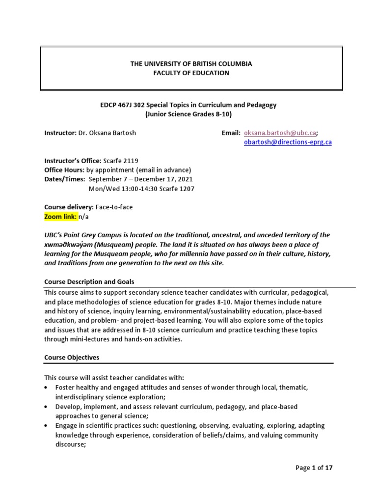 EDCP 467junior Science Outline Aug 2021 | PDF | Educational Technology | Curriculum