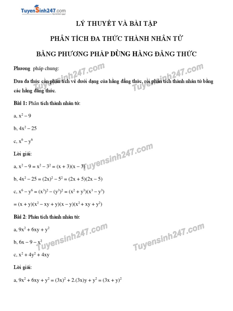 Ly Thuyet Va Bai Tap Phan Tich Da Thuc Thanh Nhan Tu Bang Phuong Phap Dung Hang Dang Thuc | PDF