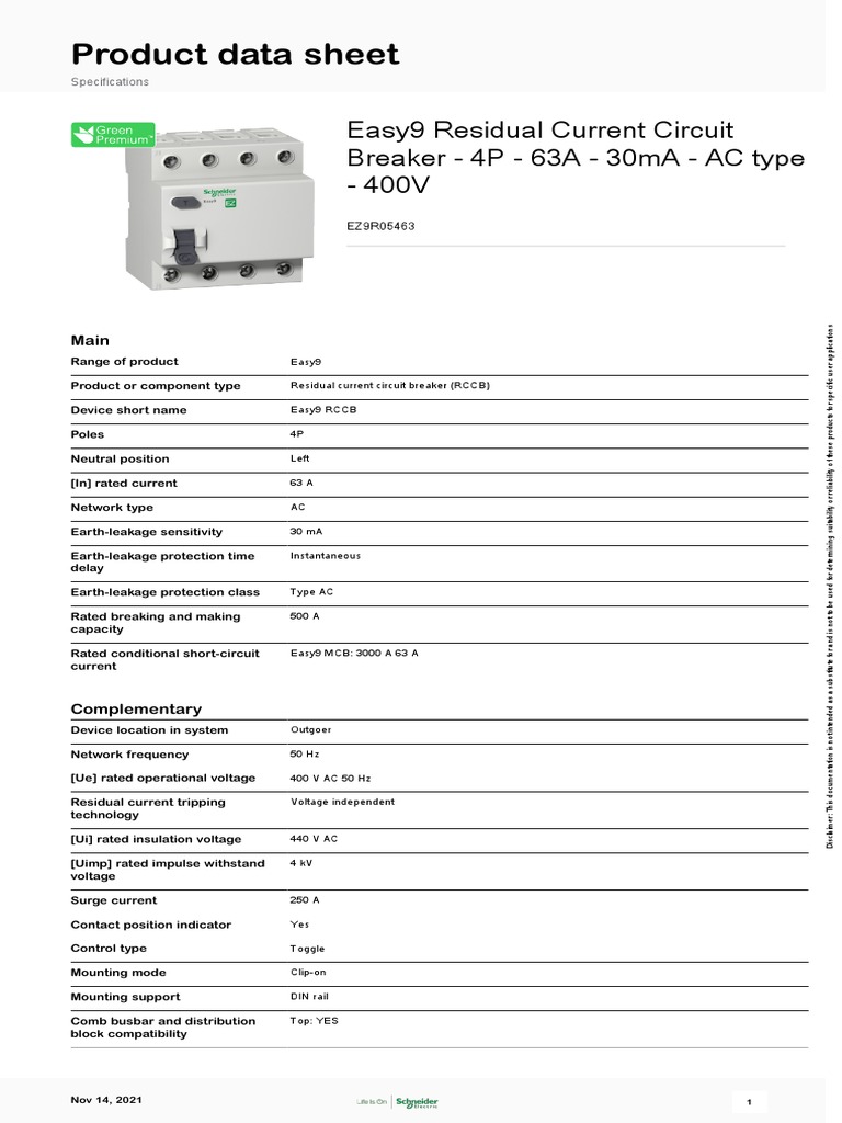 Product Data Sheet: Easy9 Residual Current Circuit Breaker - 4P - 63A - 30ma - AC Type - 400V ...