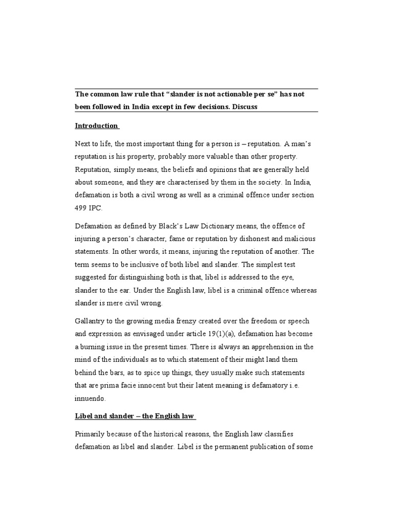 The Common Law Rule That Slander Is Not Actionable Per Se Has Not Been ...
