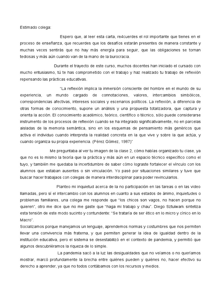 Carta reflexiva a un colega docente | PDF | Conocimiento | Salón de clases