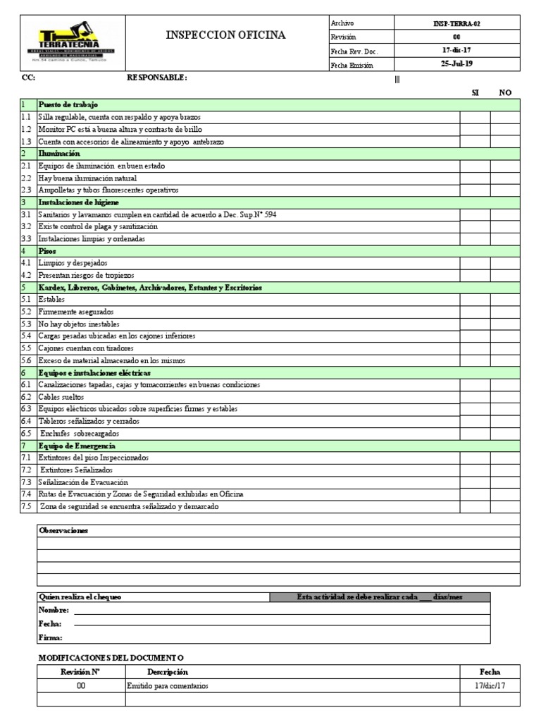 Hoja de Inspección de Oficinas (FORM-ASB-SSOMA-IO-001) | PDF Hoja de Inspección de Oficinas (FORM-ASB-SSOMA-IO-001) | PDF