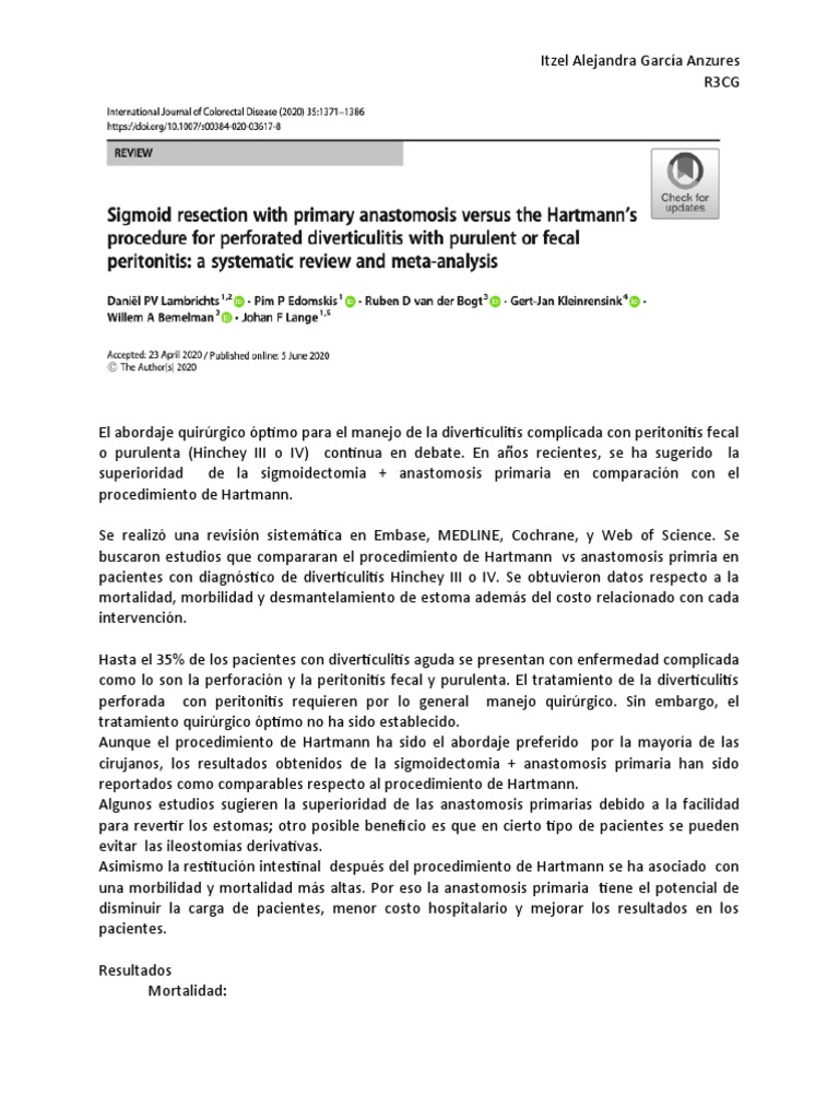 Anastomosis Primaria Vs Hartmann | PDF | Cuidado de la salud ...