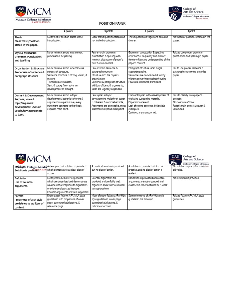 Rubric For Position Paper | PDF | Citation | Apa Style