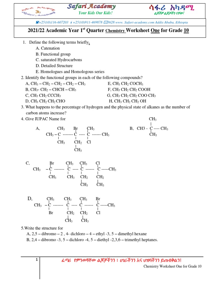 2021/22 Academic Year 1 Quarter Worksheet One For Grade 10: Chemistry | PDF