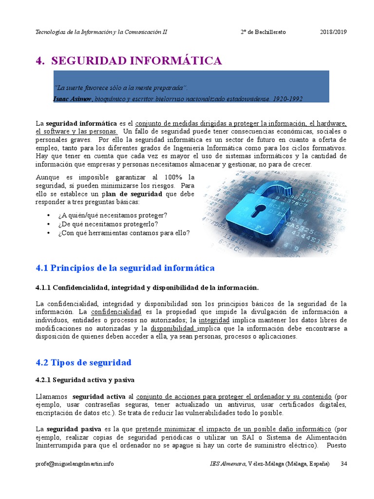 Tema4 - TIC 2 Bachillerato - 2018-2019 | PDF | Criptografía de clave pública | Clave (criptografía)