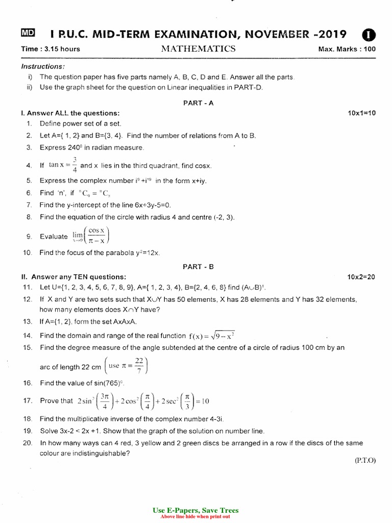 1st Puc Maths Mid Term Exam Question Paper Eng Version 2019-20 Mandya ...