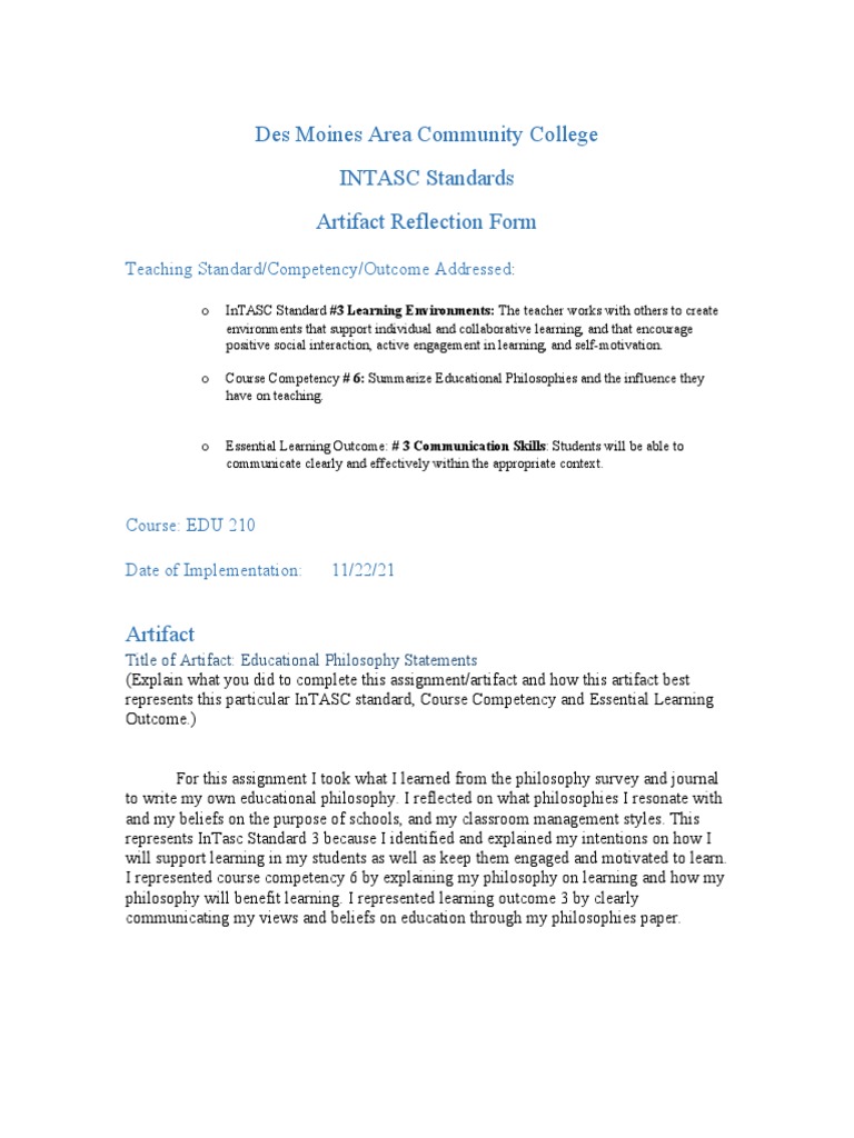 Intasc Artifact Reflection Philosophy | PDF