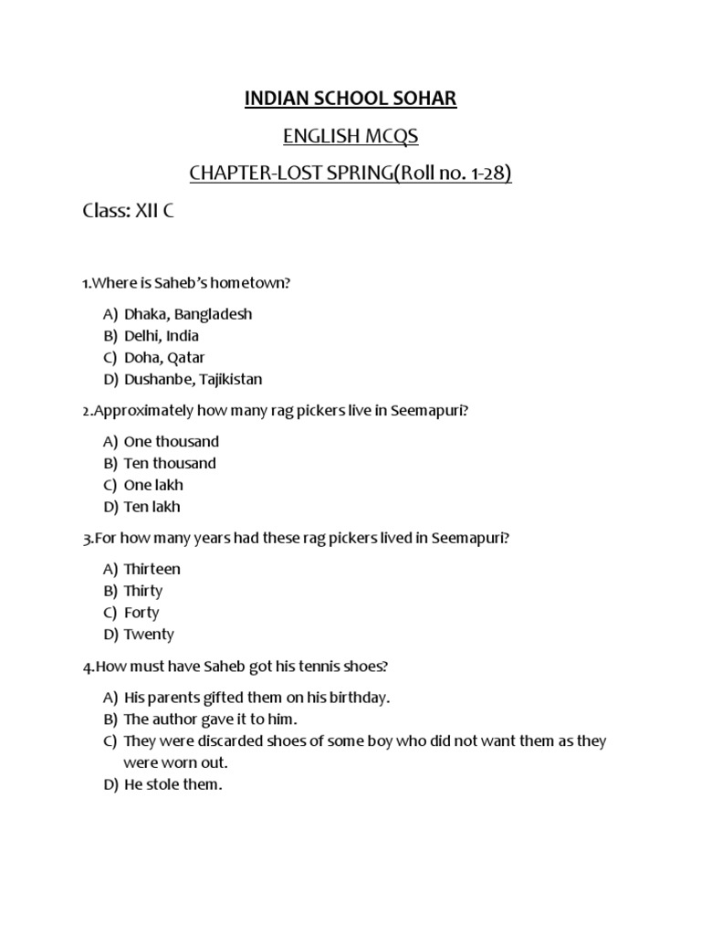 English MCQs Class 12 C (Lost Spring) | PDF