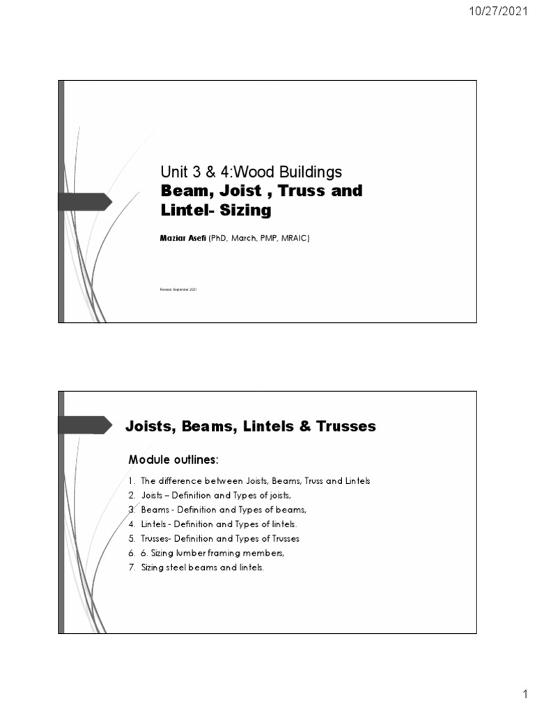 Unit 3 - Sizing Beams, Joist and Lintels-Exam | PDF | Framing (Construction) | Truss