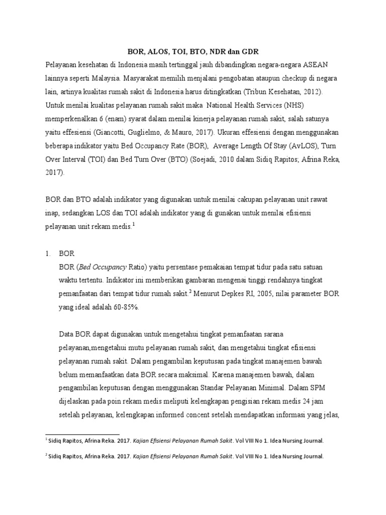 Indikator Kinerja Pelayanan Rawat Inap: Analisis BOR, ALOS, TOI, BTO, NDR, dan GDR | PDF