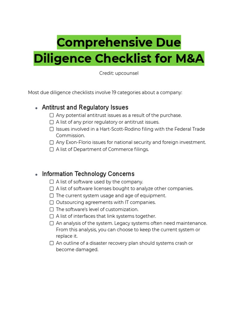 Comprehensive Due Diligence Checklist For M&A: Antitrust and Regulatory ...
