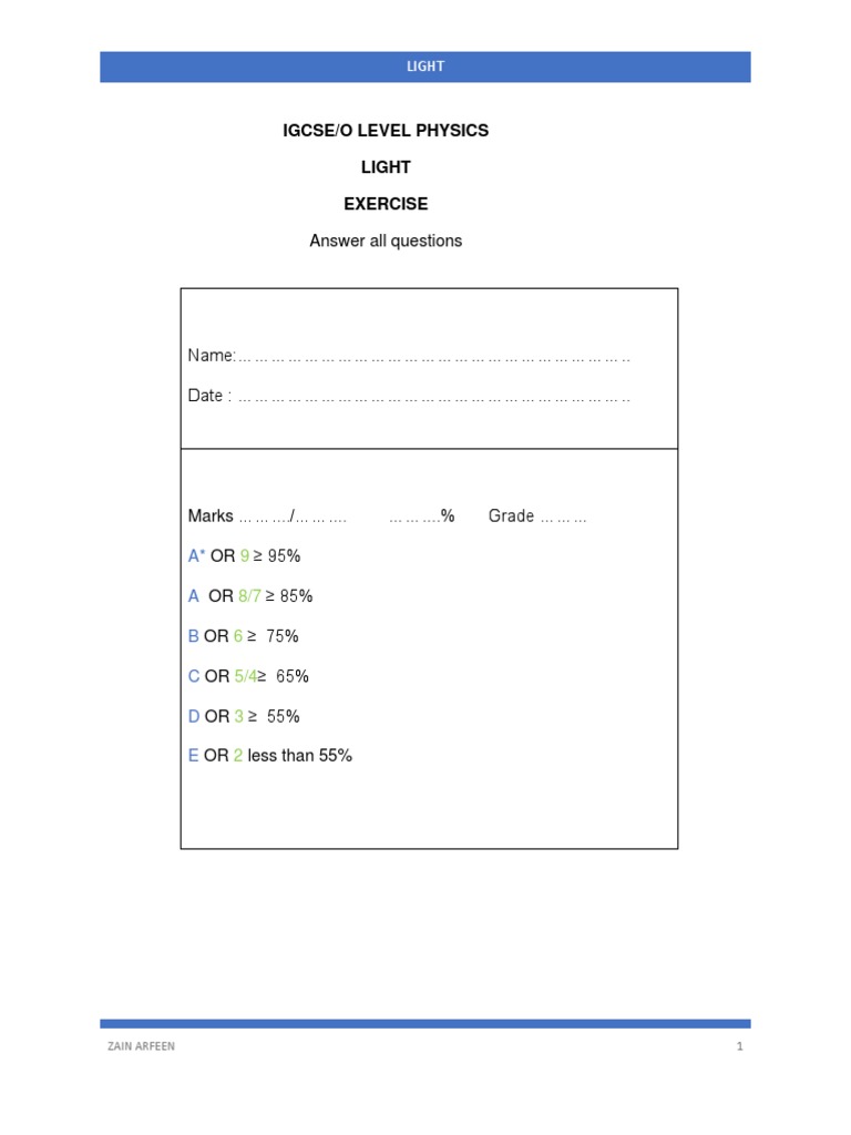 Answer All Questions: Igcse/O Level Physics Light Exercise | PDF | Optics | Prism
