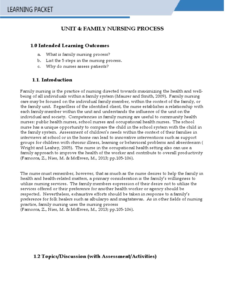 Unit 4: Family Nursing Process: 1.0 Intended Learning Outcomes | PDF ...