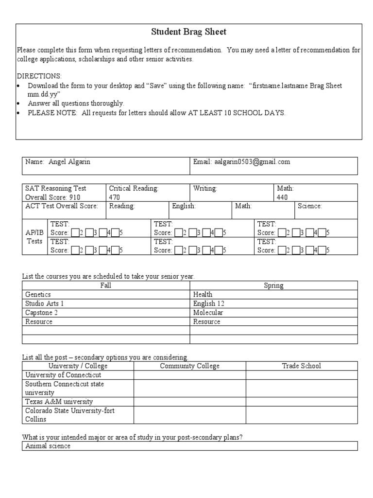 Student Brag Sheet | PDF