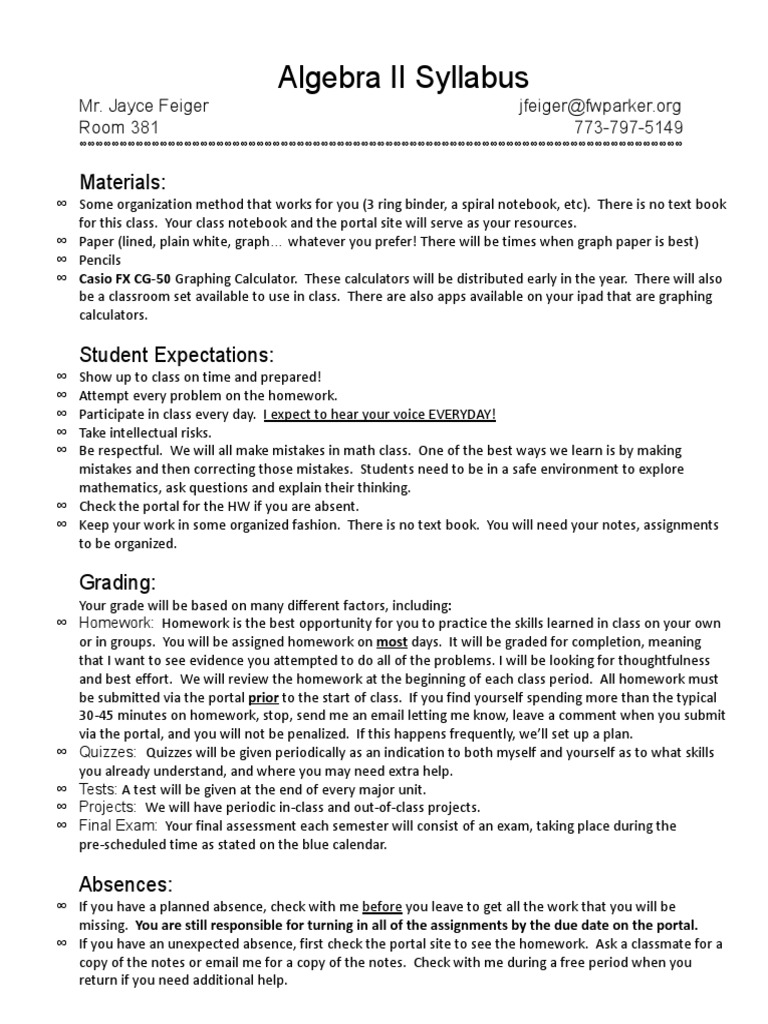 Algebra II Syllabus: Materials | PDF | Quiz | Homework