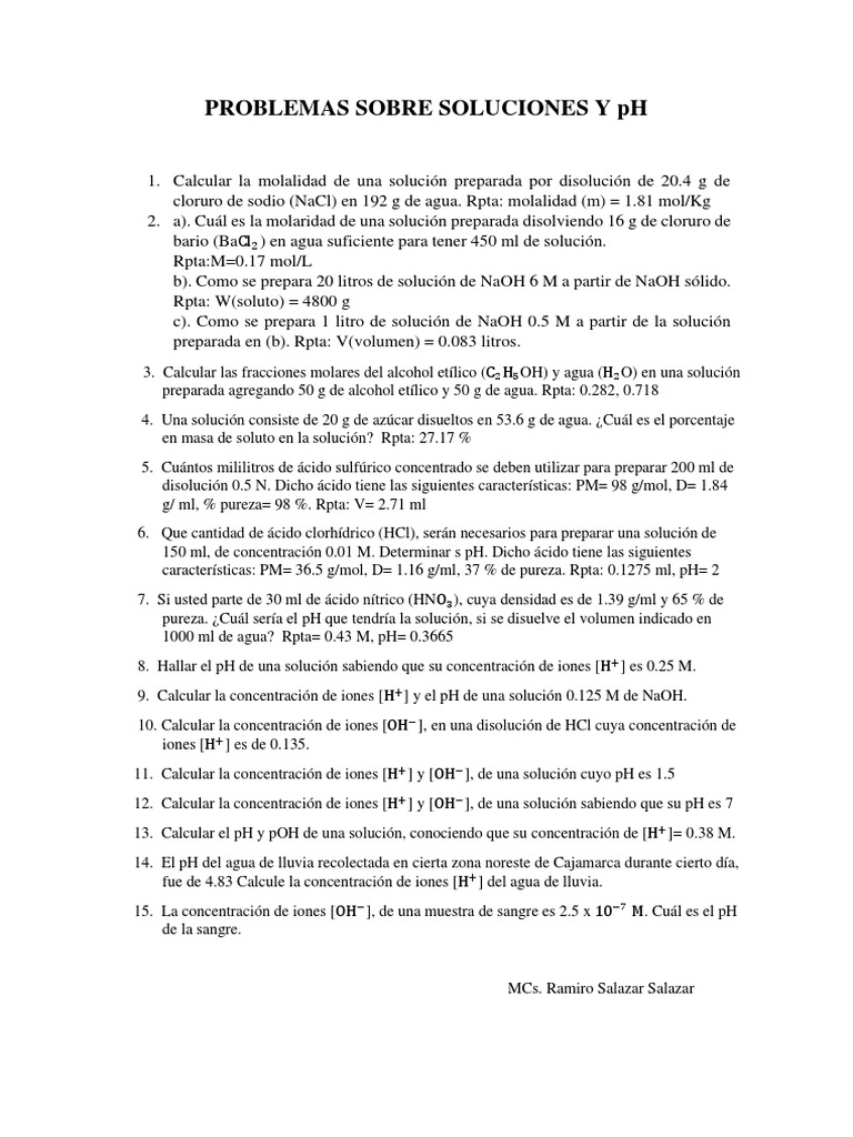 Tarea - Ejercicios de Soluciones y PH | PDF | Concentración | Ph