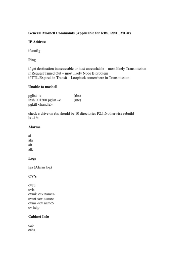 General Moshell Commands for RBS, RNC & MGw | PDF | Telecommunications Engineering | Communication