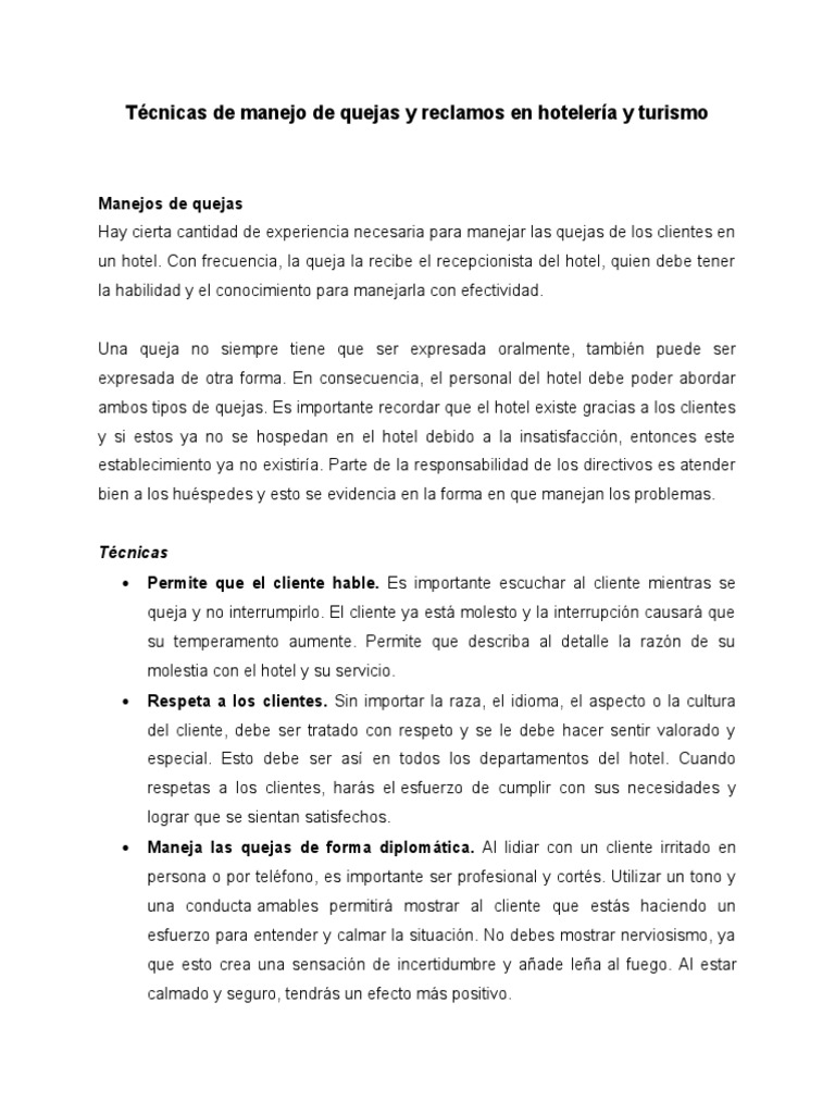 Manejo de Quejas en Hotelería y Turismo | PDF | Hotel | Cliente