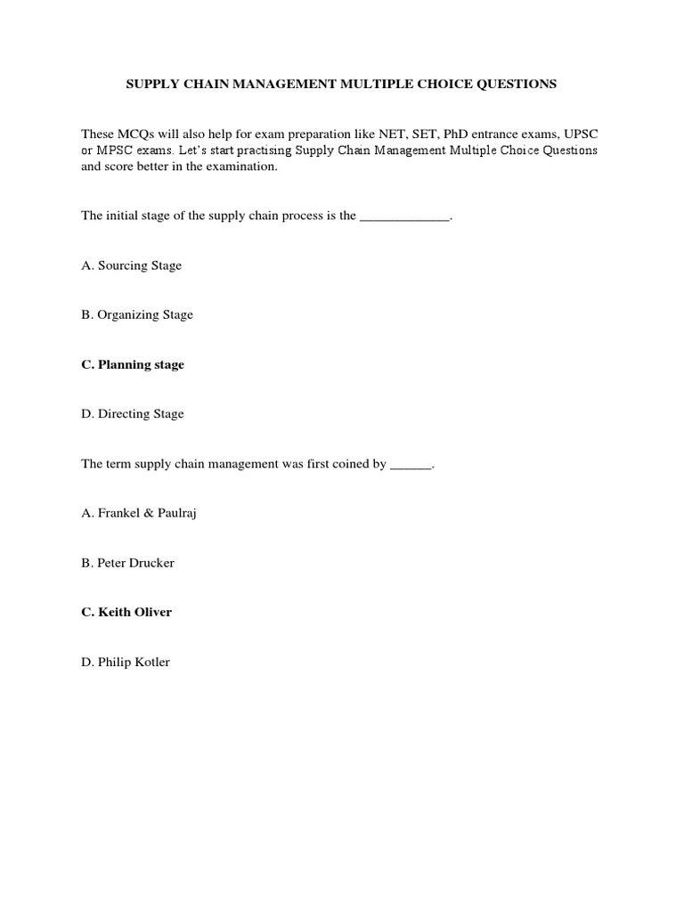 Supply Chain Management Multiple Choice Questions | PDF | Supply Chain ...
