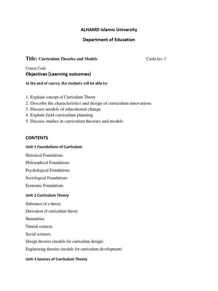 Course Outline Curriculum Theories & Models | PDF | Curriculum | Theory