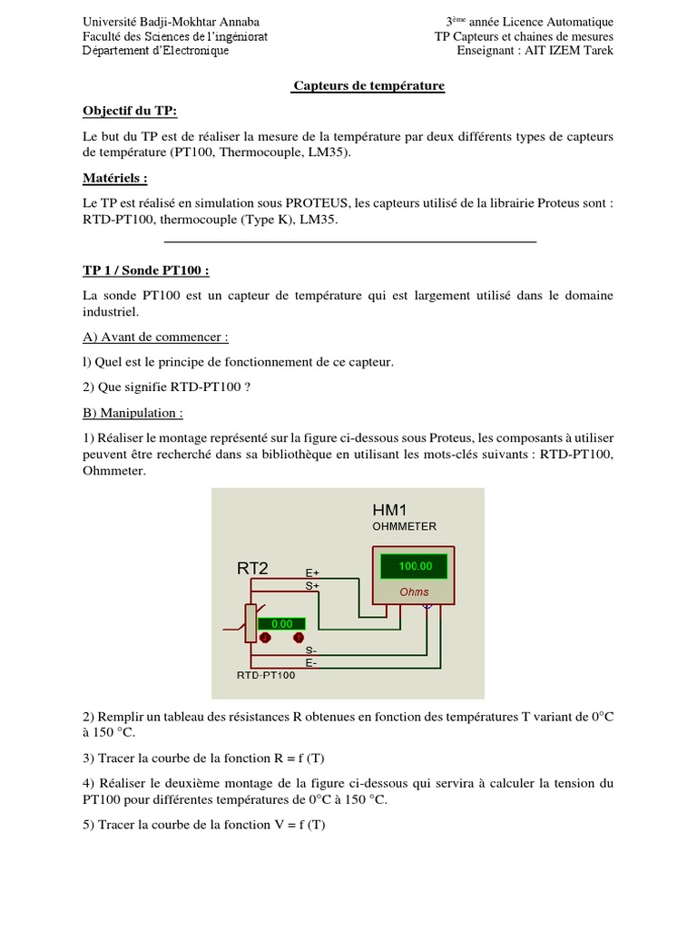 TP Capteurs Température: PT100, Thermocouple, LM35 | PDF | Thermocouple | Capteur