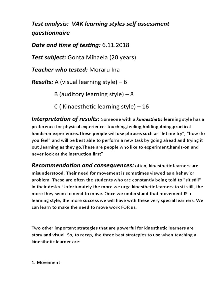 VAK Test Analysis | PDF | Learning Styles | Psychology