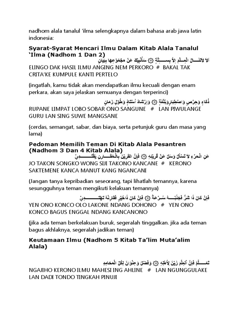 Syarat-Syarat Mencari Ilmu Dalam Kitab Alala Tanalul ‘Ilma (Nadhom 1 Dan 2) | PDF