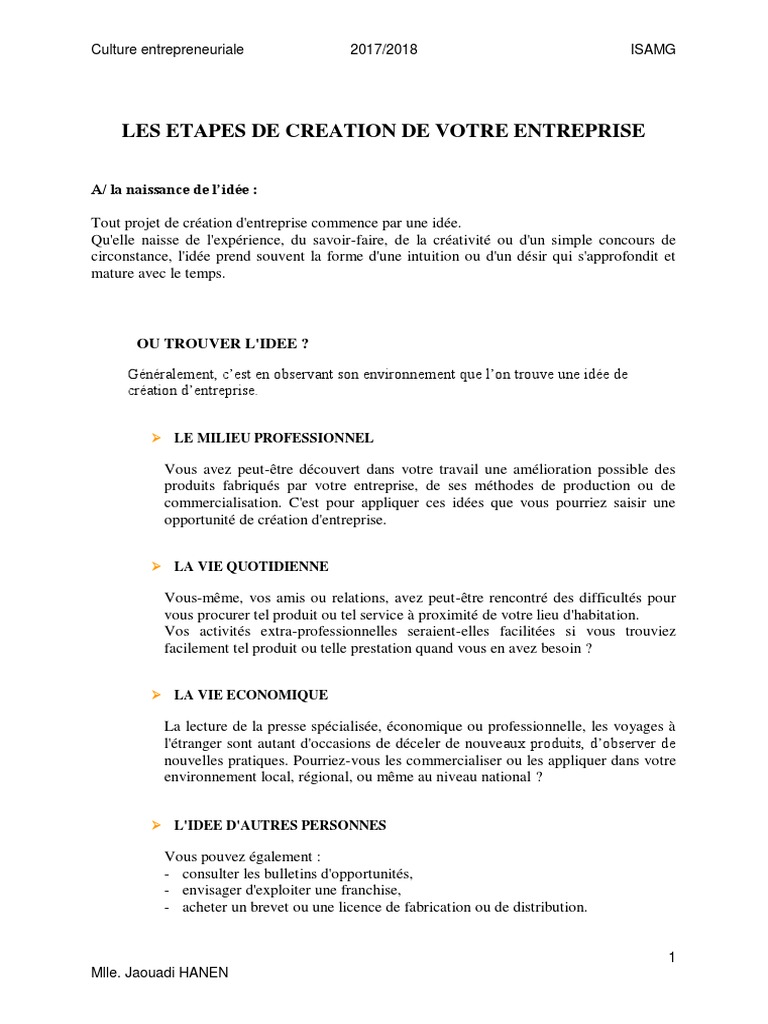 LES ETAPES DE CREATION DE VOTRE ENTREPRISE (2) - Copie | PDF ...