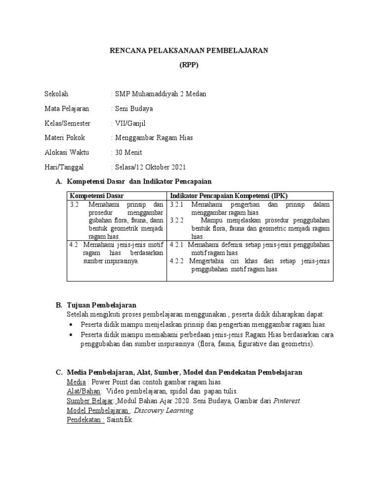 RPP Seni Budaya VII-Menggambar Ragam Hias (JM) | PDF