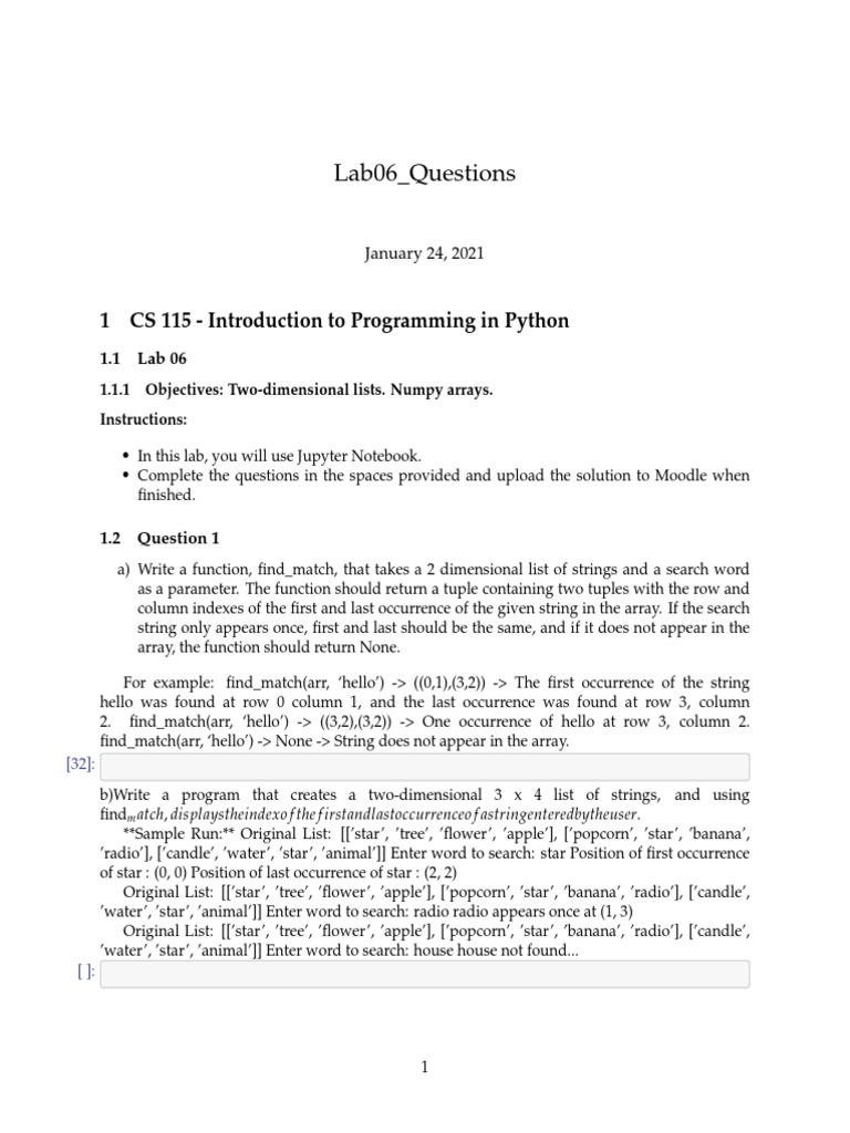 Lab06 - Questions: 1 CS 115 - Introduction To Programming in Python | PDF | Matrix (Mathematics ...
